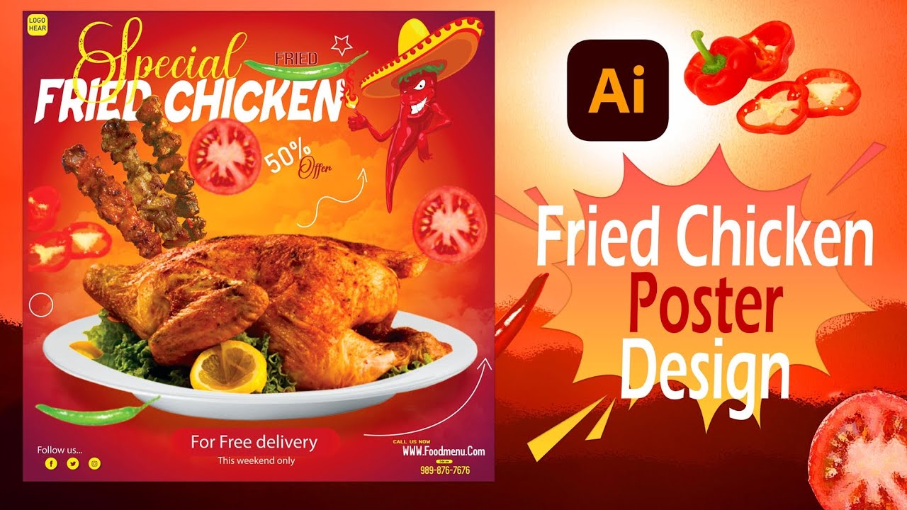 Fried Chicken Ads Template | create Poster design in illustrator - YouTube