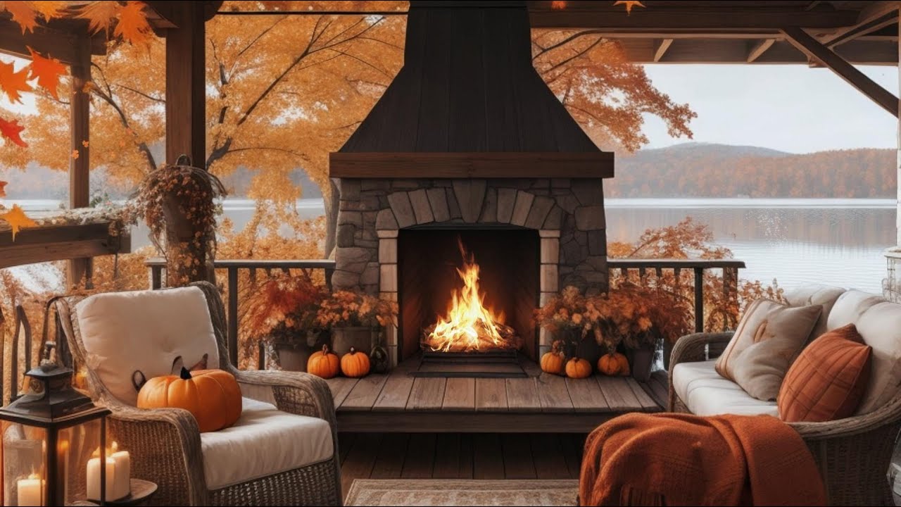 Autumn Cozy Lake House Porch | Crackling Fireplace, Birdsong and Nature ...