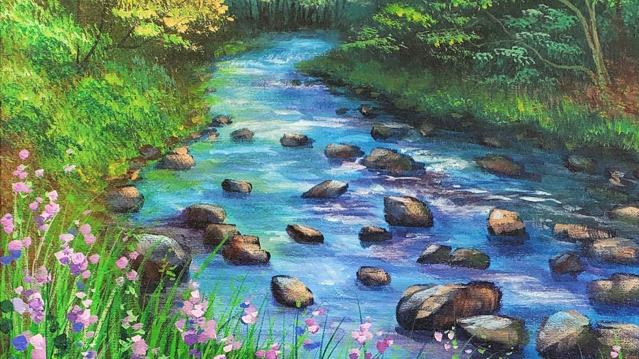 Forest Stream with Wildflowers Acrylic Painting LIVE Tutorial - YouTube