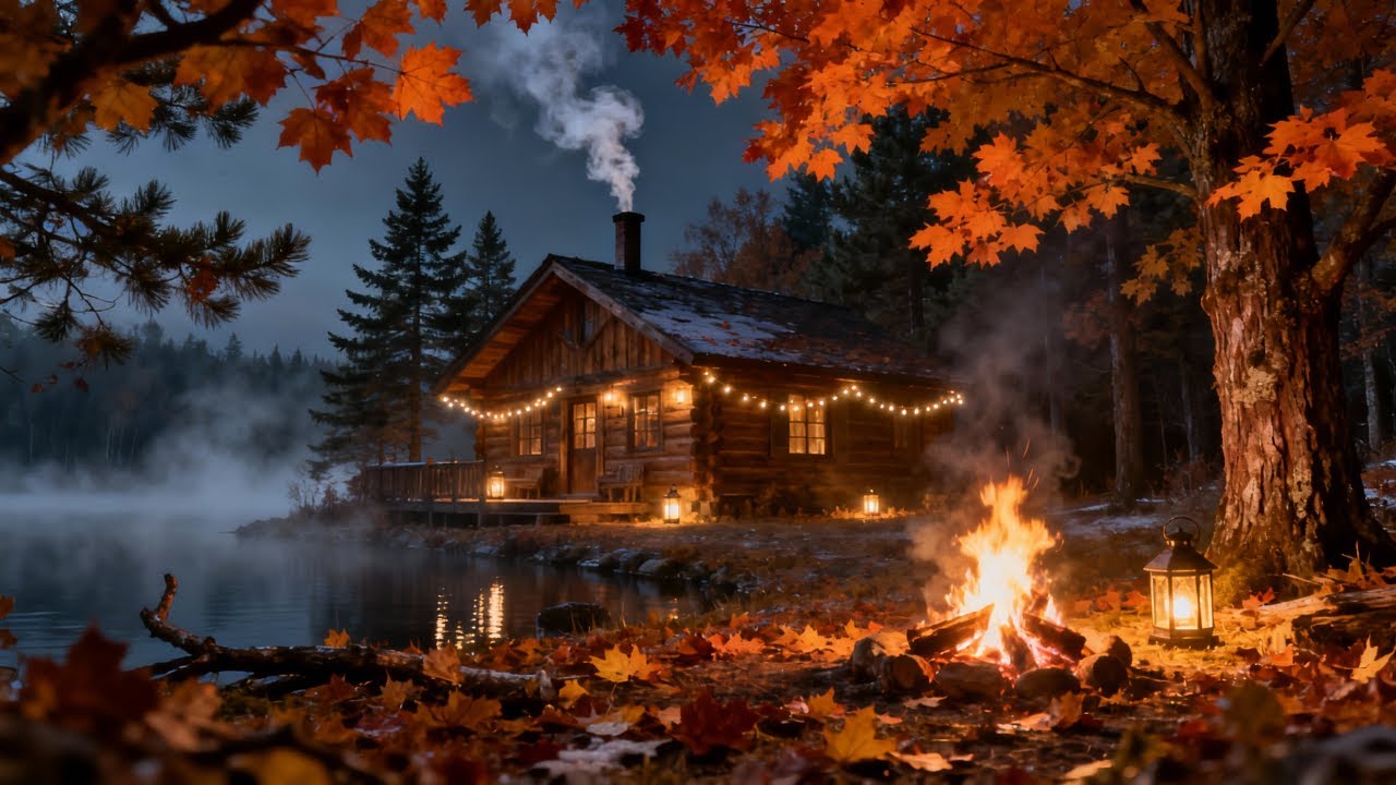 Cozy Fall Lake Cabin Ambience 🍁 Crackling Fire & Bird Sounds | Nature ...