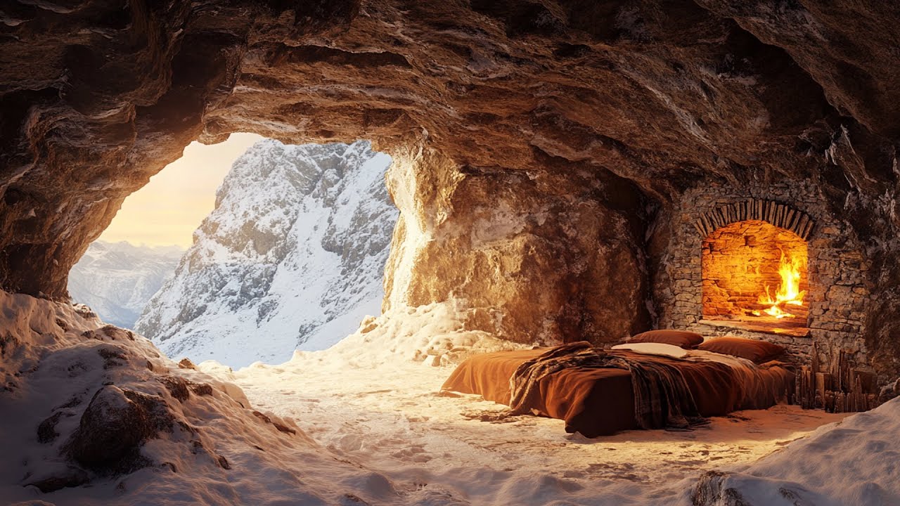 Cold Winter The Cave | Soft Piano Music with Fireplace Crackles for ...