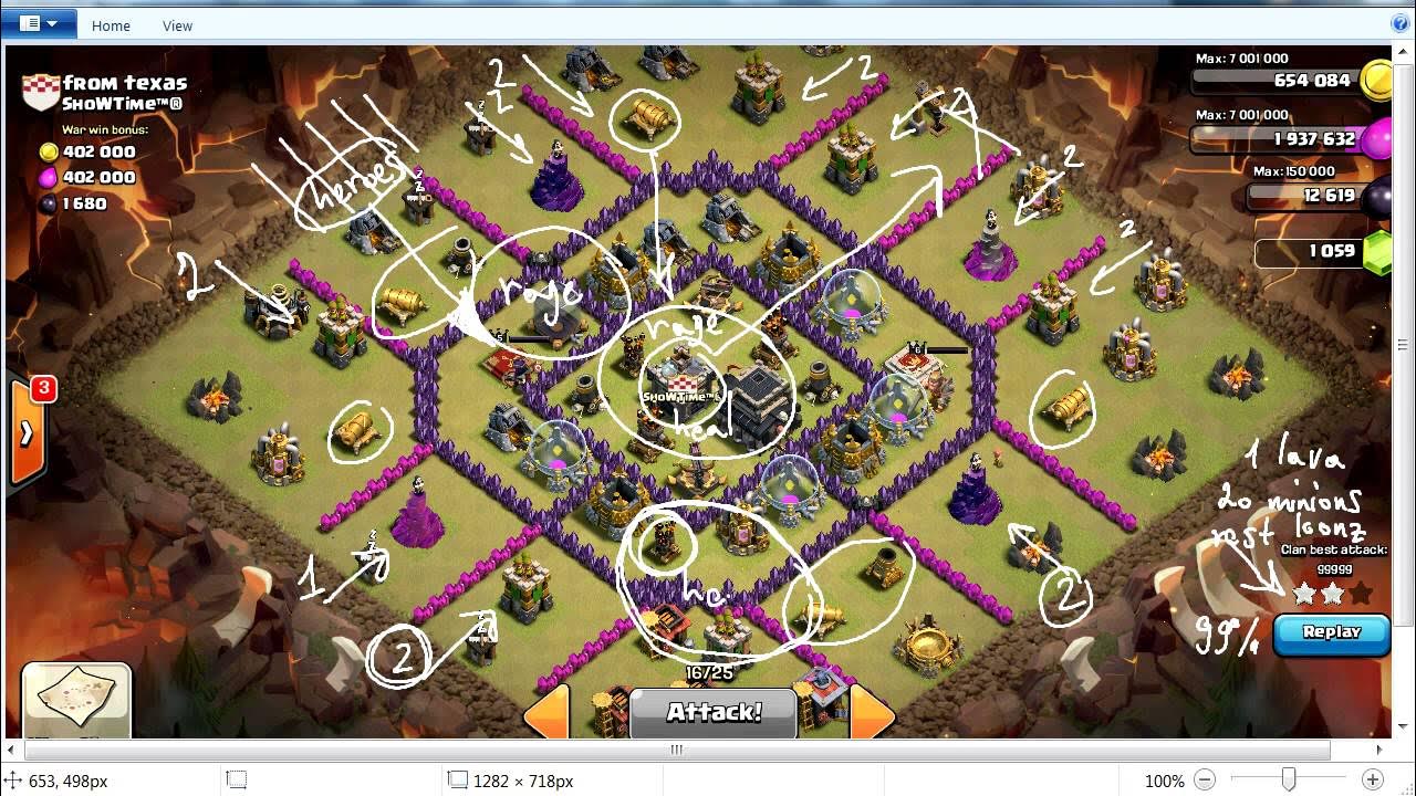 TH9 vs TH9 lavaloonion attack | lava hound and balloons | clan wars | clash of clans - YouTube