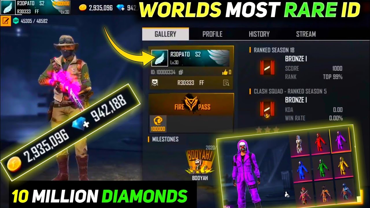 FREE FIRE WORLDS MOST RARE ID || 10 MILLION DIAMOND || SEASON 1 TO ALL ...