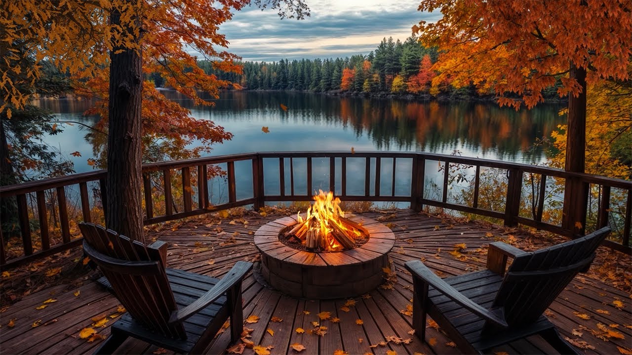 🍁🔥 Fall Cabin Porch by the Lake | Crackling Fire, Gentle Breeze ...