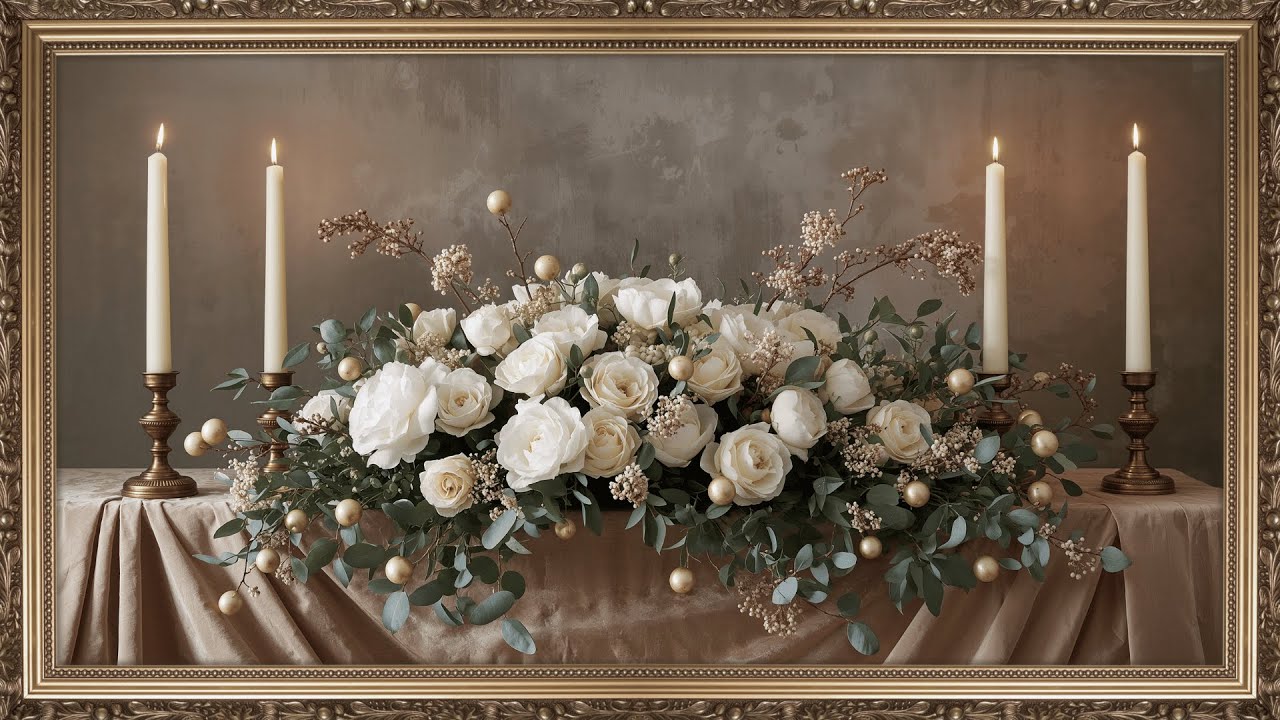 8-Hour Winter Champagne Floral Mantle | 4K UHD Elegant White & Gold TV ...