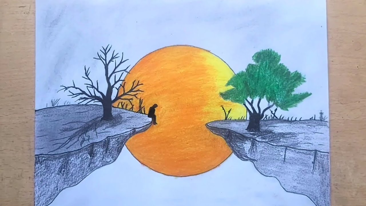 How to Draw a Sad Boy Sitting Alone Step by step/ Sunset Scenery ...