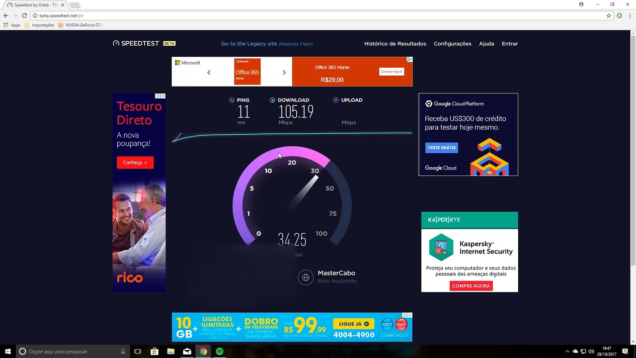 Speed Test Vivo Fibra 100Mb - YouTube