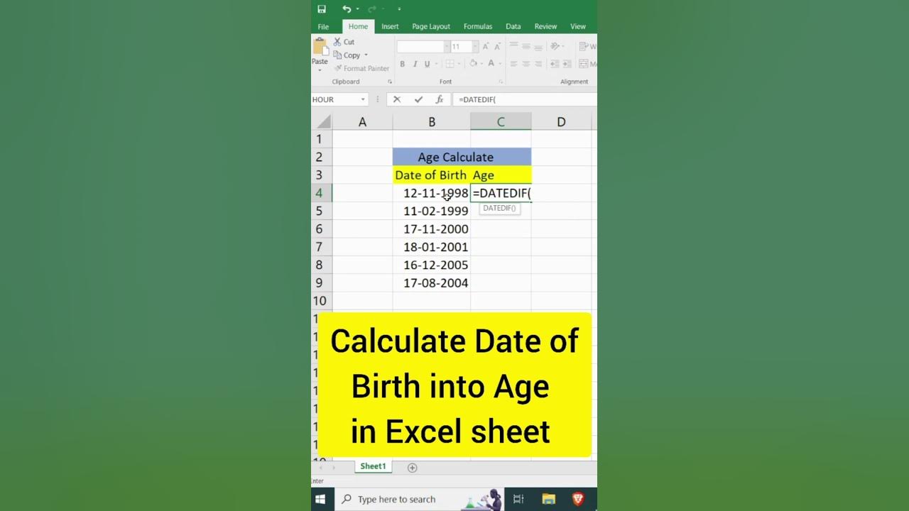 Calculate Date of Birth into Age in Excel sheet #excel #exceltutorial #trending #shorts - YouTube