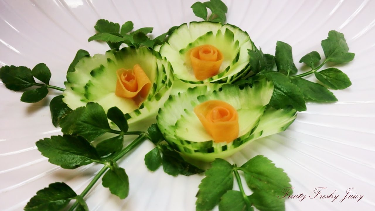 Cucumber & Carrot Rose Carving Garnish - How To Make Vegetable Flower ...