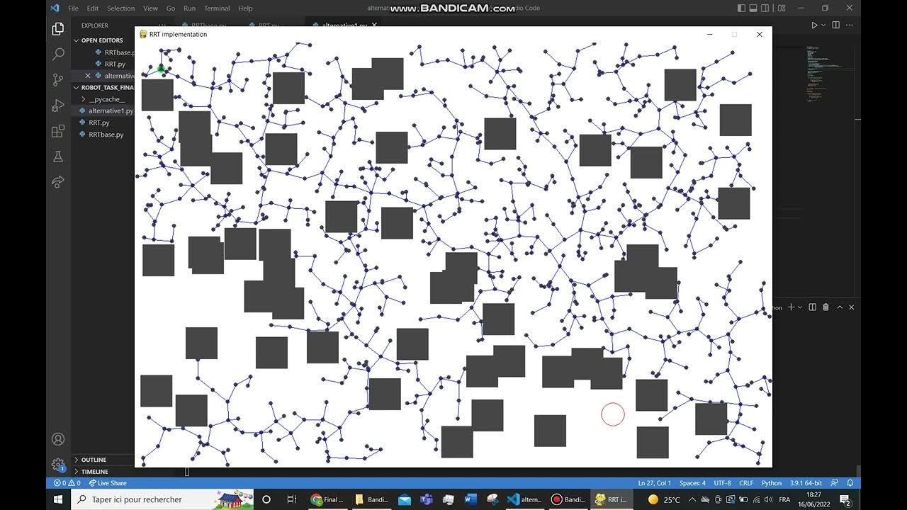 RRT sampling algorithm - python implementation (50 obstacles) - YouTube