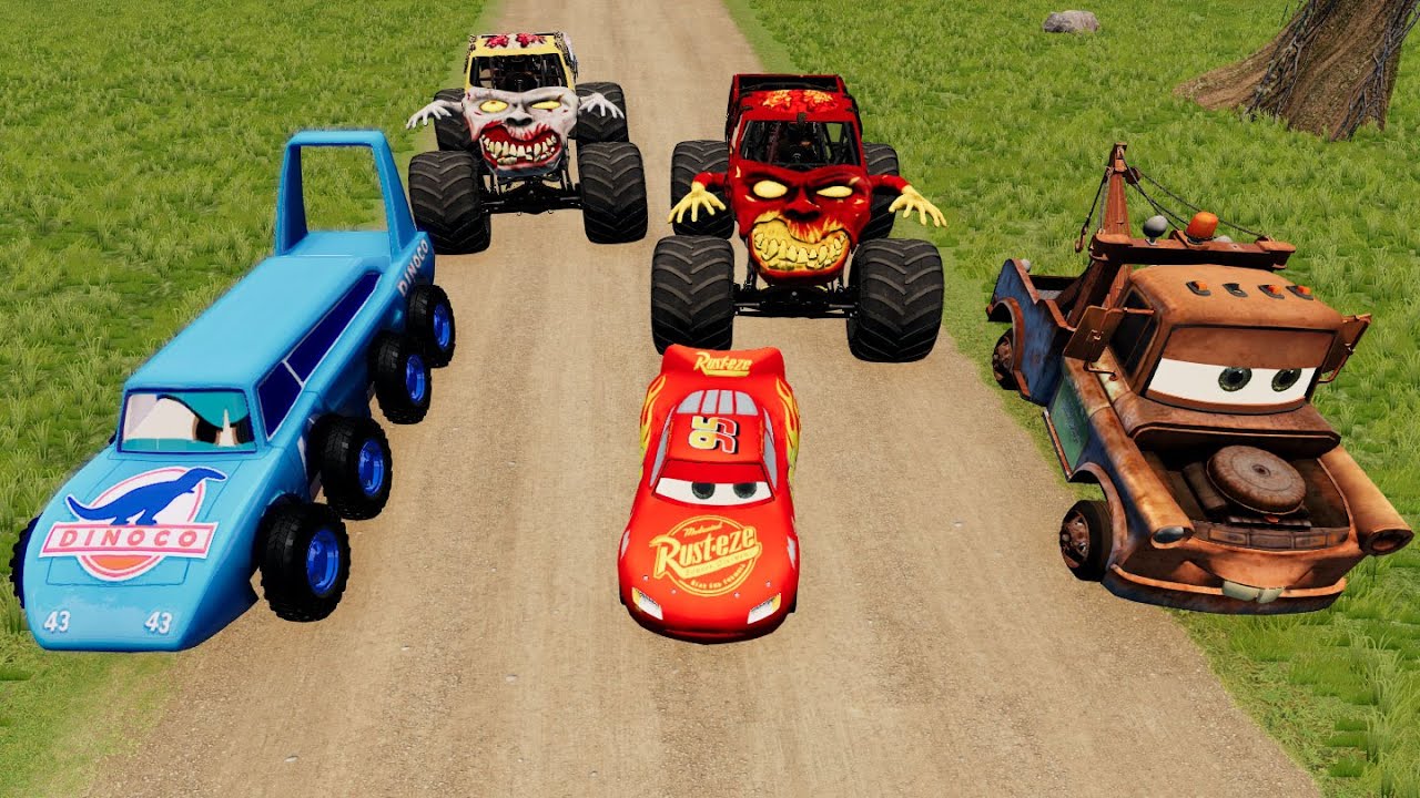 Lightning McQueen and Tow MATER vs ZOMBIE Pixar cars vs MONSTER Dinoco ...