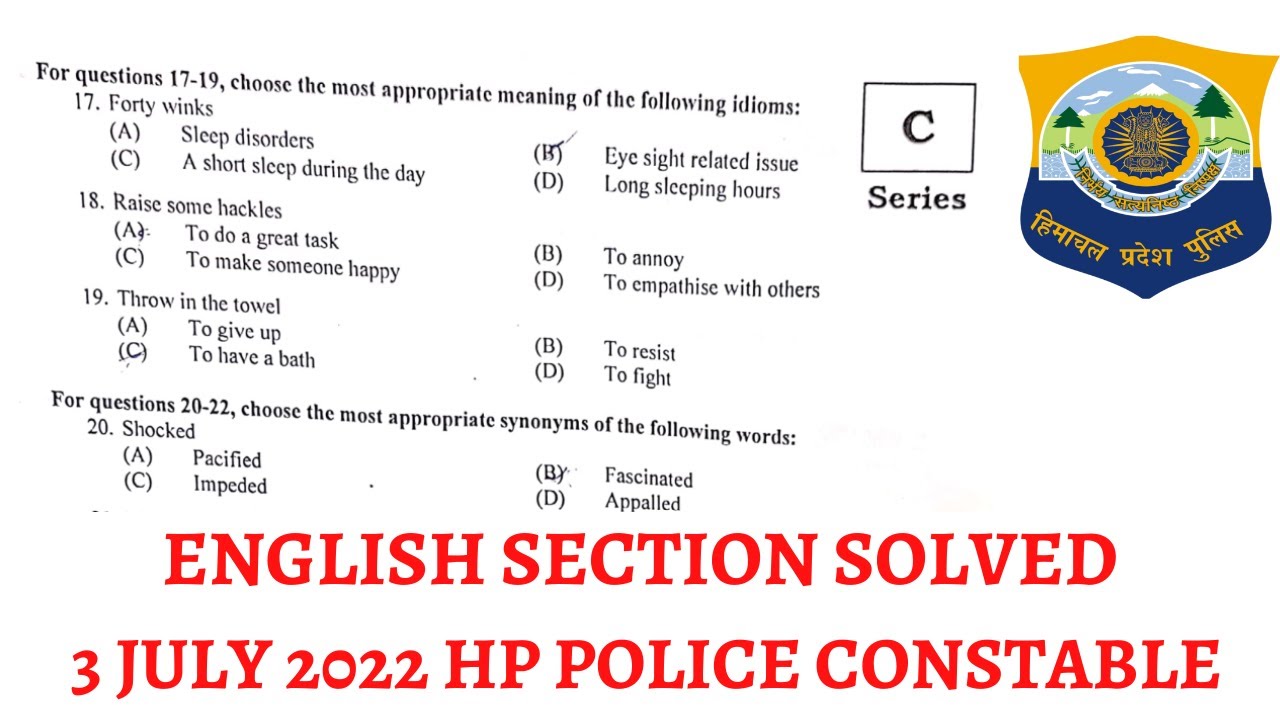 HP Police Constable English Section || HP Police Constable Solved Paper ...