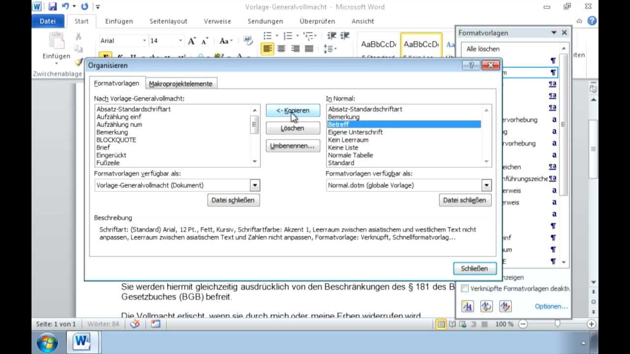 MS Word 2010 - Organisieren von Formatvorlagen (Video Training Beispiel ...