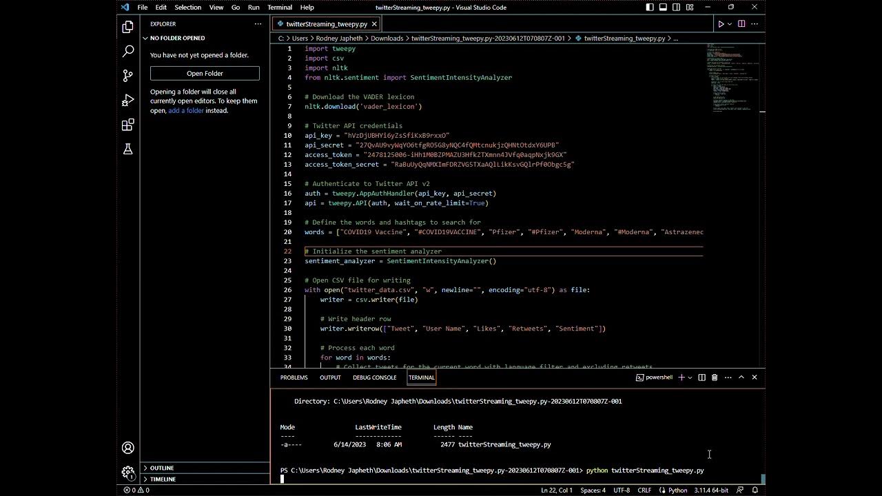 Pulling Data From Twitter Using Tweepy Youtube