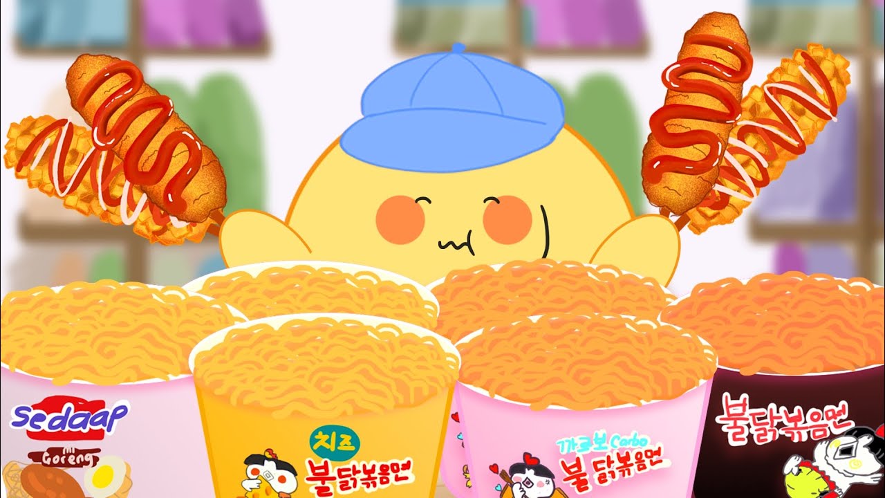 Animation Mukbang Buldak Ramen, Corndog Mukbang - YouTube
