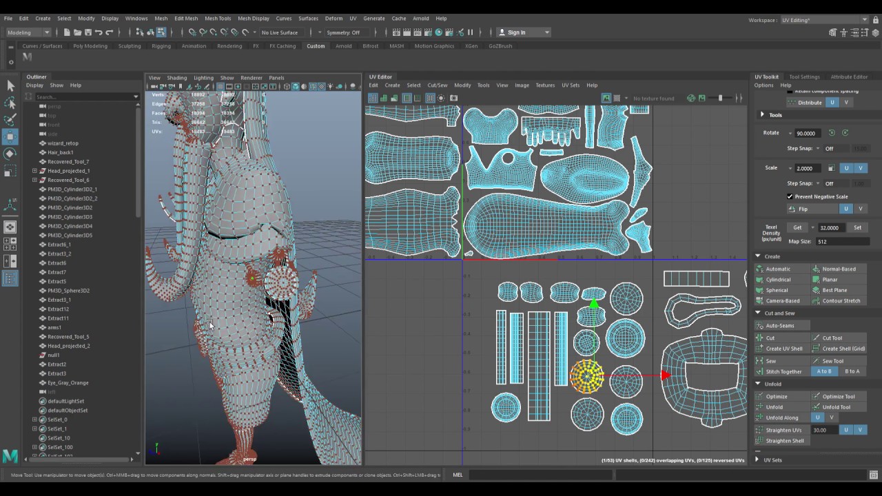 Wizard - Maya 2018 UV Unwrap - Laying out each uv set - YouTube