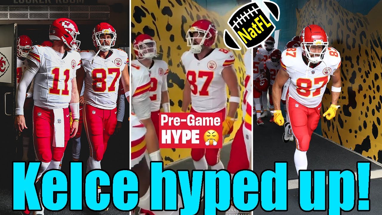 Travis Kelce & Mahomes cheer on their teammates before the game starts ...