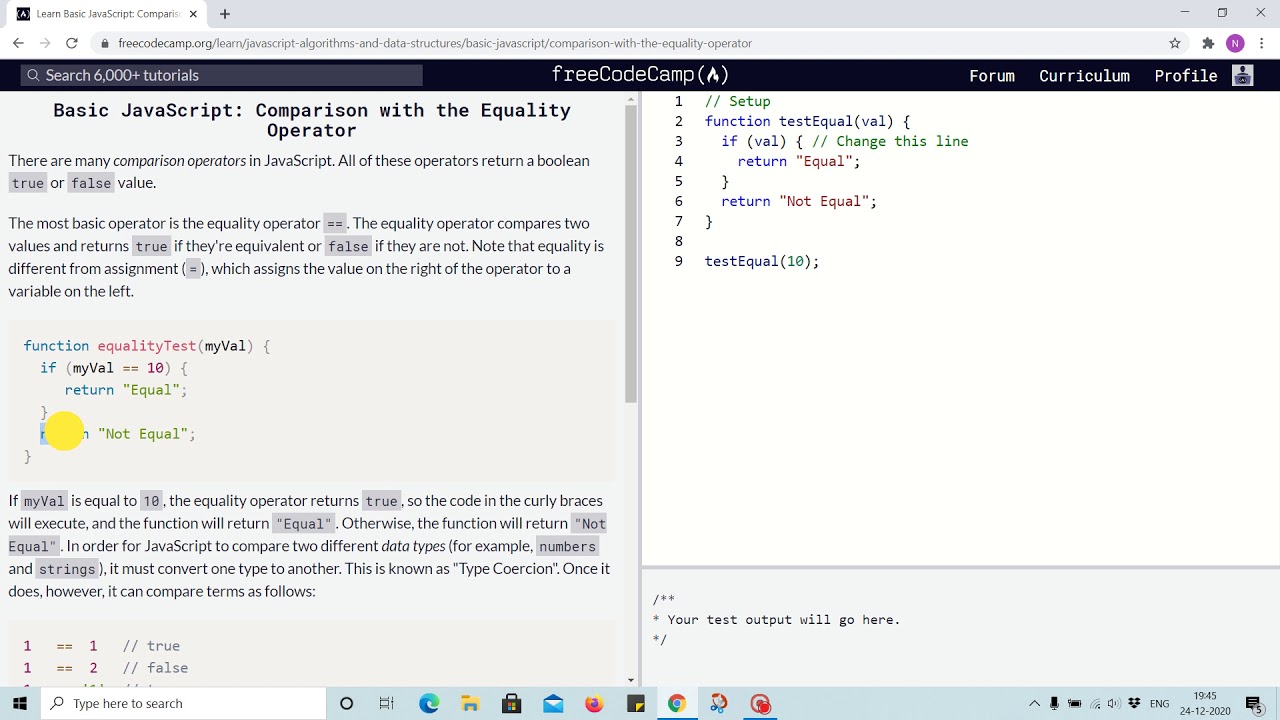 Lesson 58 - Comparison with equality operator - freecodecamp - YouTube