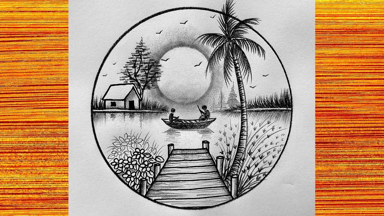 How to drawing wonderful sunsets scenery in circle || Sunset scenery ...