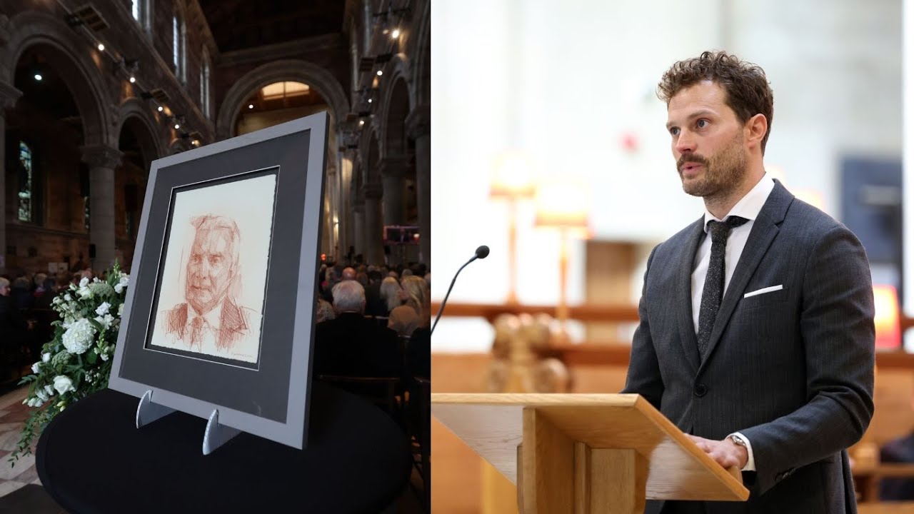Jamie Dornan at the memorial honoring her father, Jim Dornan, at St ...