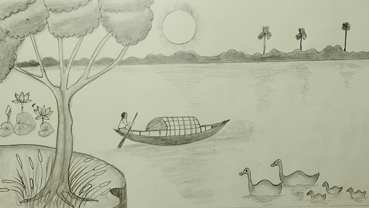 How to draw river scenery with pencil sketch / Drawing tutorial for ...