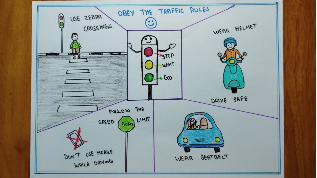 Road safety drawing|traffic rules drawing - YouTube