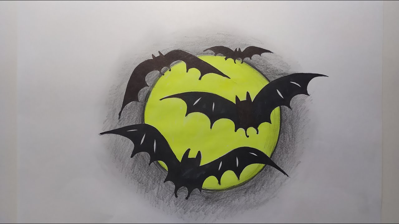 How to Draw a Bat Flying in Full Moon - Halloween Drawings - YouTube