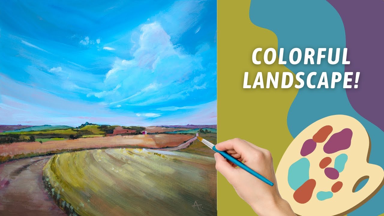 COLORFUL and BRIGHT Landscape Painting! How to Paint Sweeping Sky! EASY ...