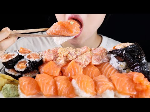 ASMR Salmon Party 🍣🎉 Sushi, Sashimi, Rolls, Hand Roll, Spicy Mayo Salmon Cubes | No Talking Mukbang
