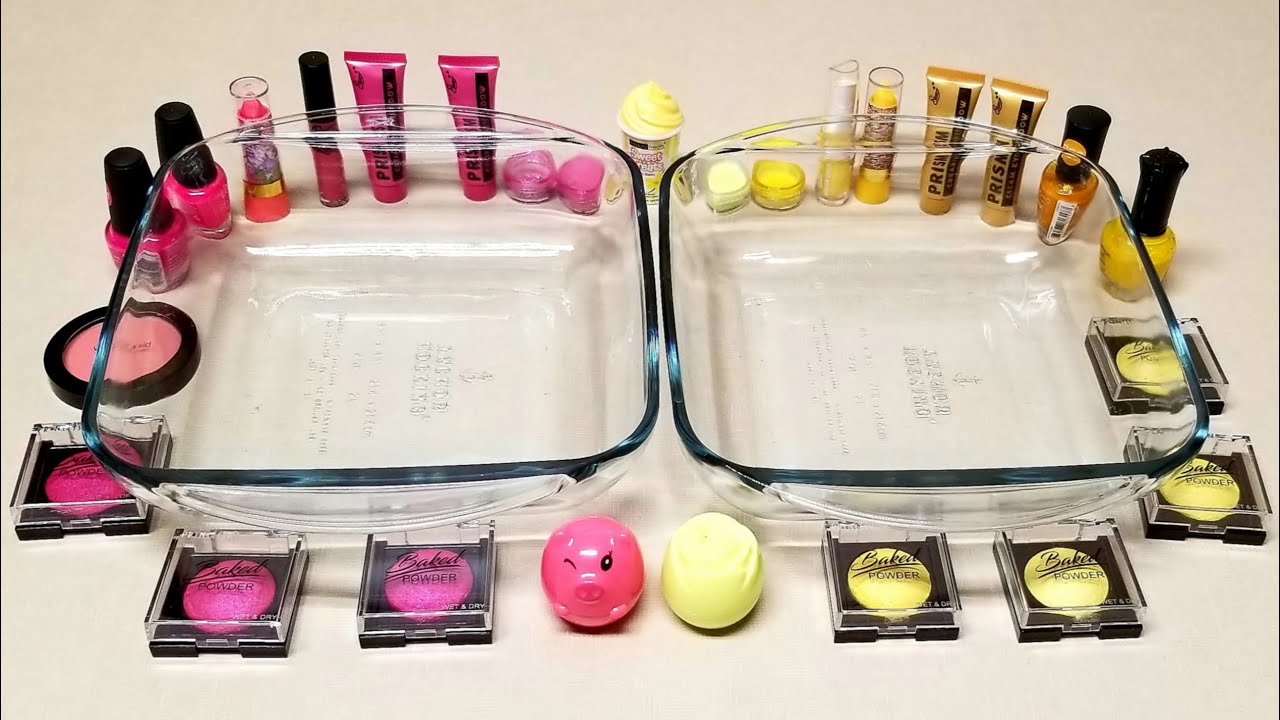 Pink vs Yellow Slime! Mixing Makeup Eyeshadow, Glitters Into Slime ...