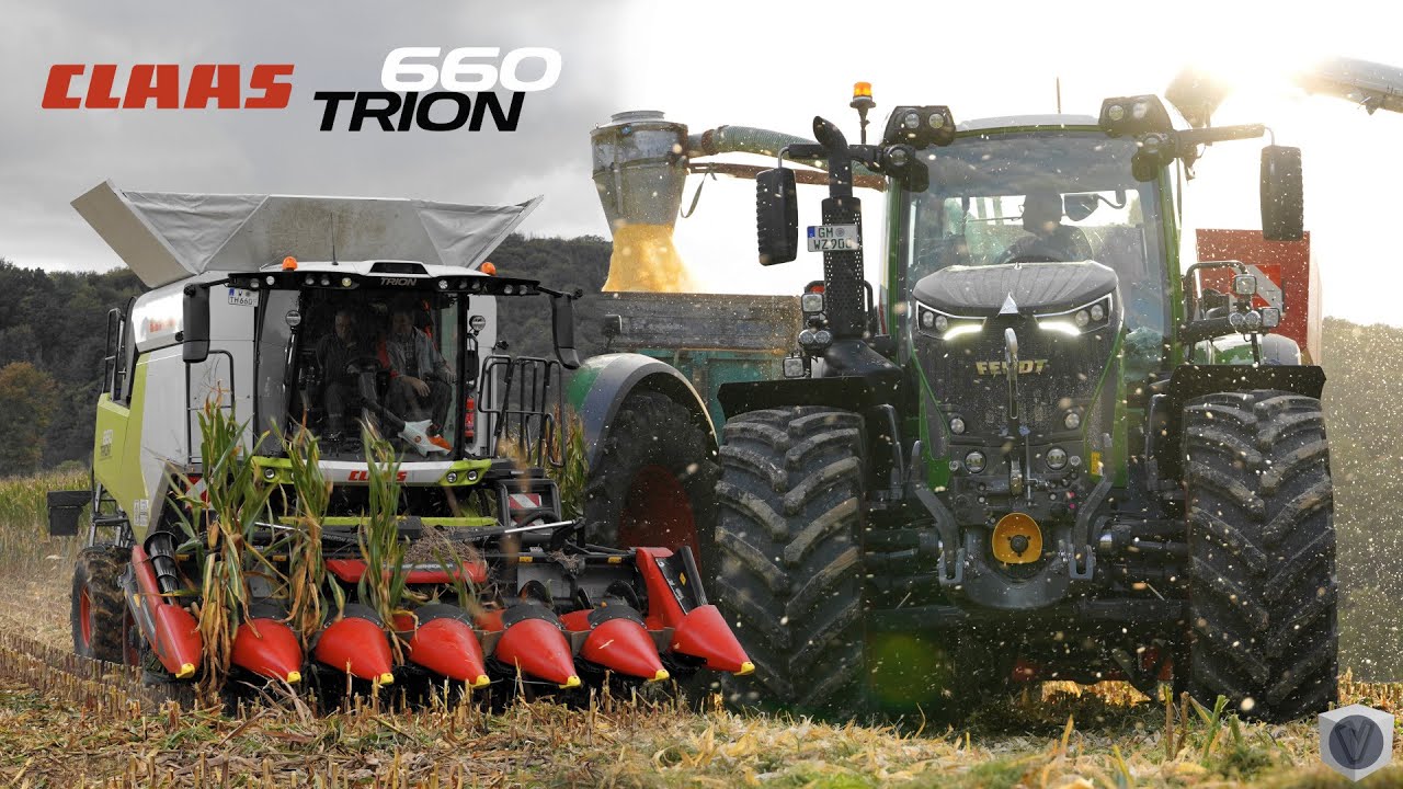 CLAAS TRION 660 TT und FENDT Schlepper beim Maisdreschen und -mahlen ...