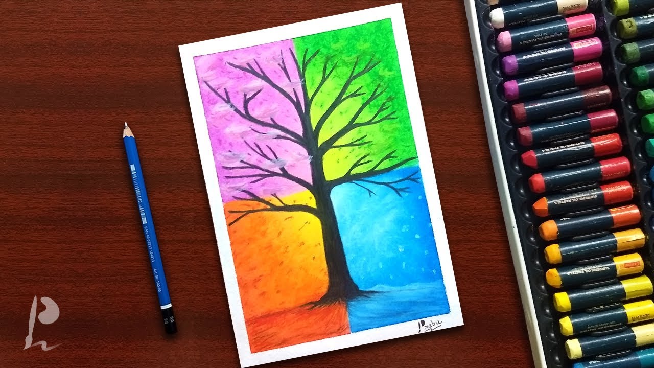 Seasons Tree Drawing with Oil Pastels - Step by Step | PrabuDbz Art ...