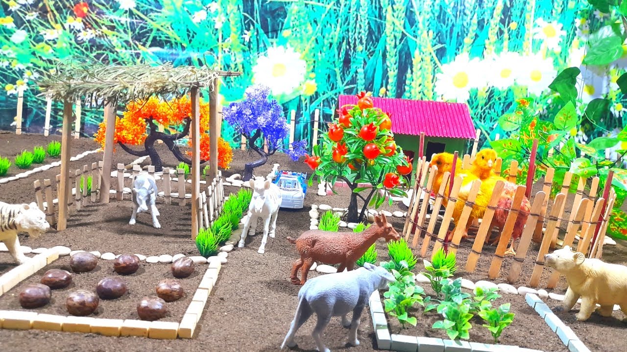 Diy farm diorama with mini house set up small colorful chicken coops ...
