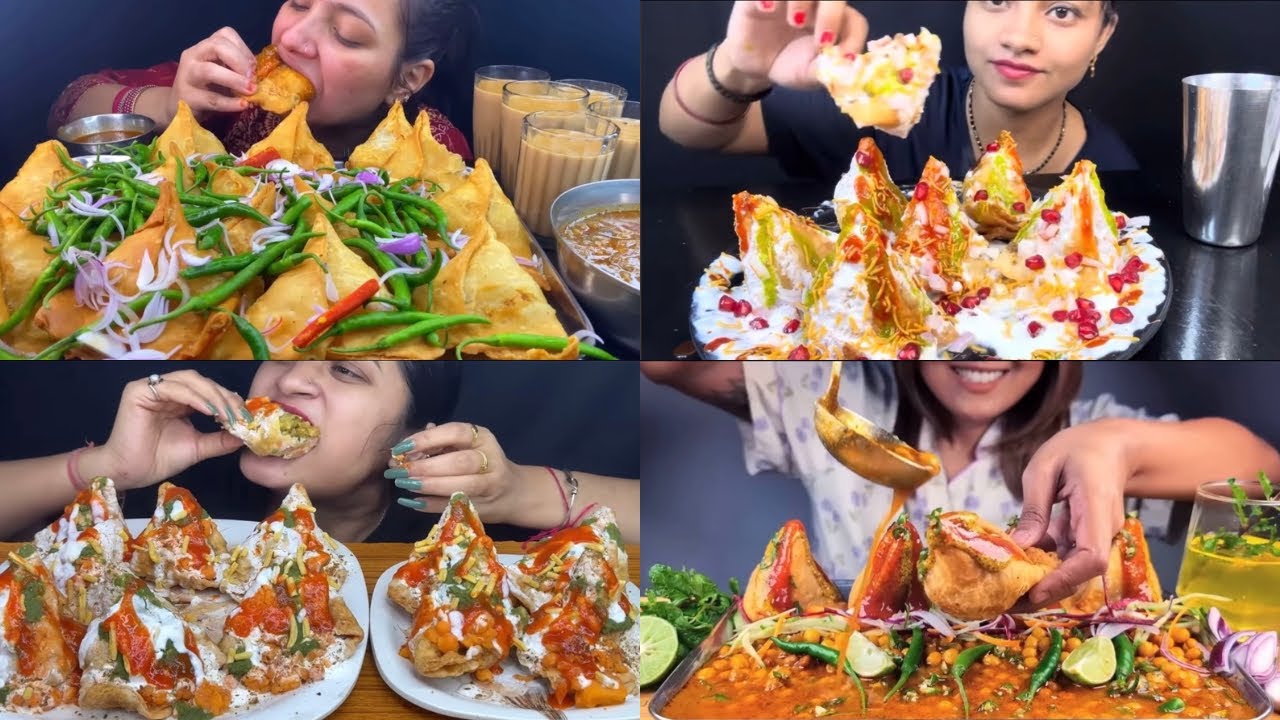 ASMR EATING SAMOSA CHAAT | SAMOSA MUKBANG | EATING SAMOSA WITH GREEN ...