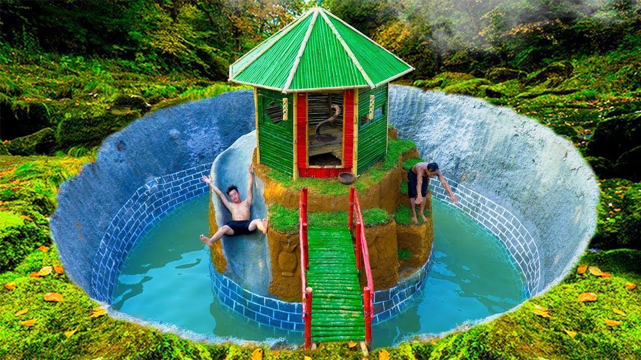 Build Swimming Pool Water Slide Around Beautiful Hut - YouTube