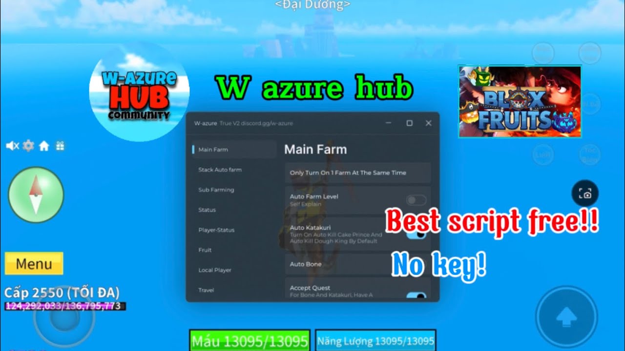 Blox fruits script ( W-azure hub) , best free script / Working on PC ...