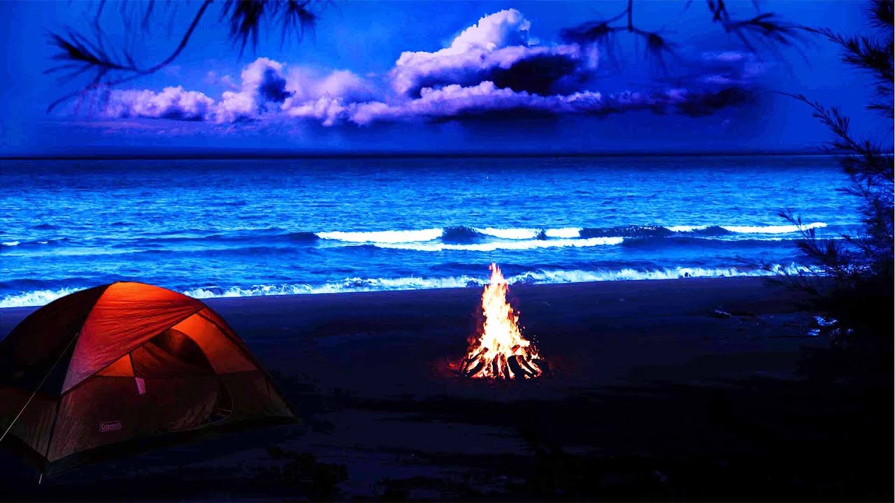 Soothing Waves & Campfire on Night Beach - Ocean Waves Sounds for Deep ...