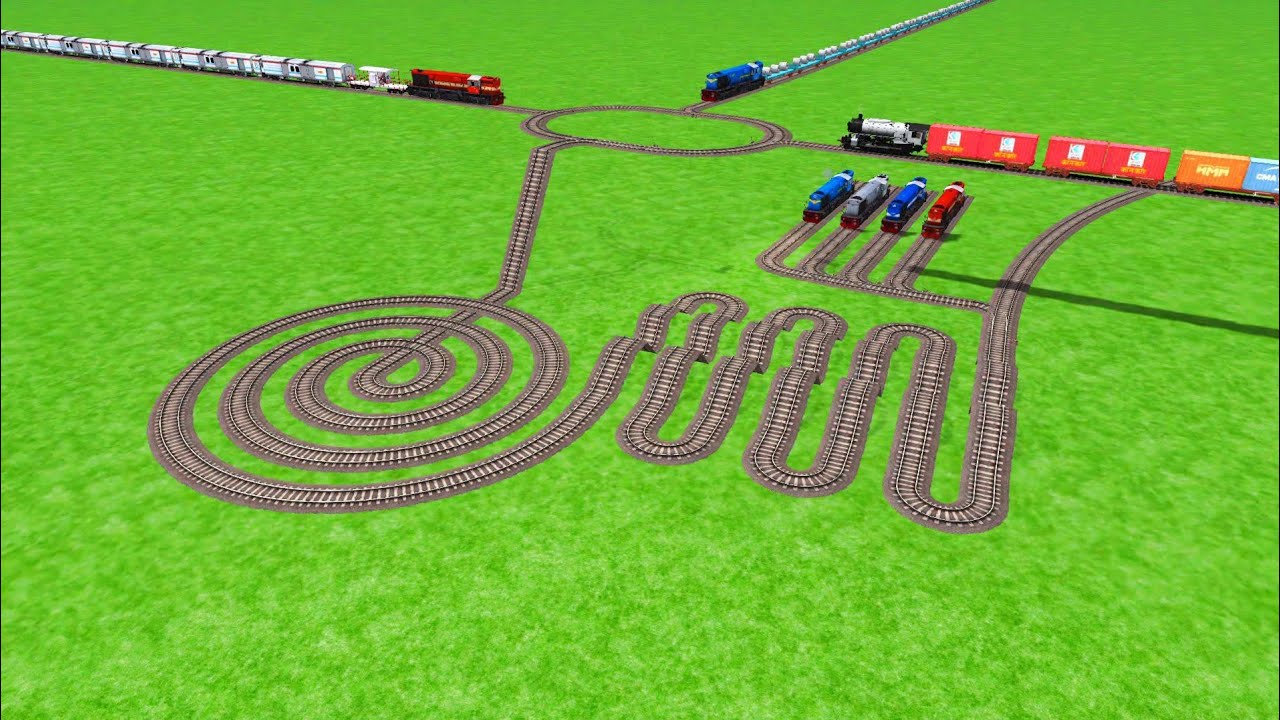 SEVEN REALISTIC AI TRAINS🚂 CROSSING CAREFULLY BY BUMPY CIRCLE TRACKS ...