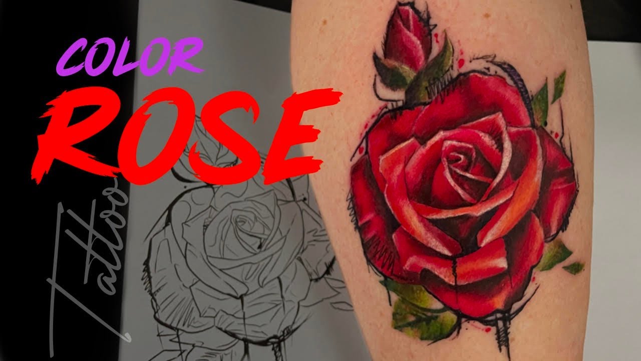 Realistic color ROSE Tattoo - YouTube