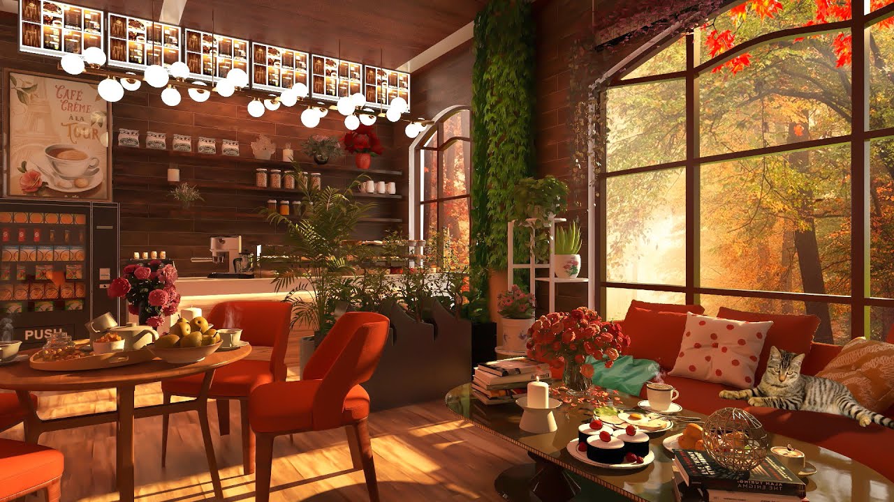 🍁Dreamy Morning in Fall Cafe Ambience | Happy Jazz Bossa Nova Piano ...