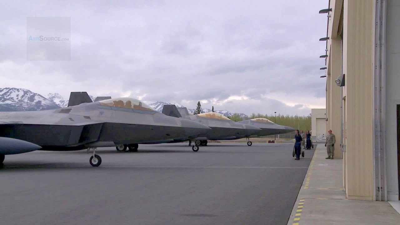 F-22 Raptors Lined Up At Joint Base Elmendorf-Richardson - YouTube