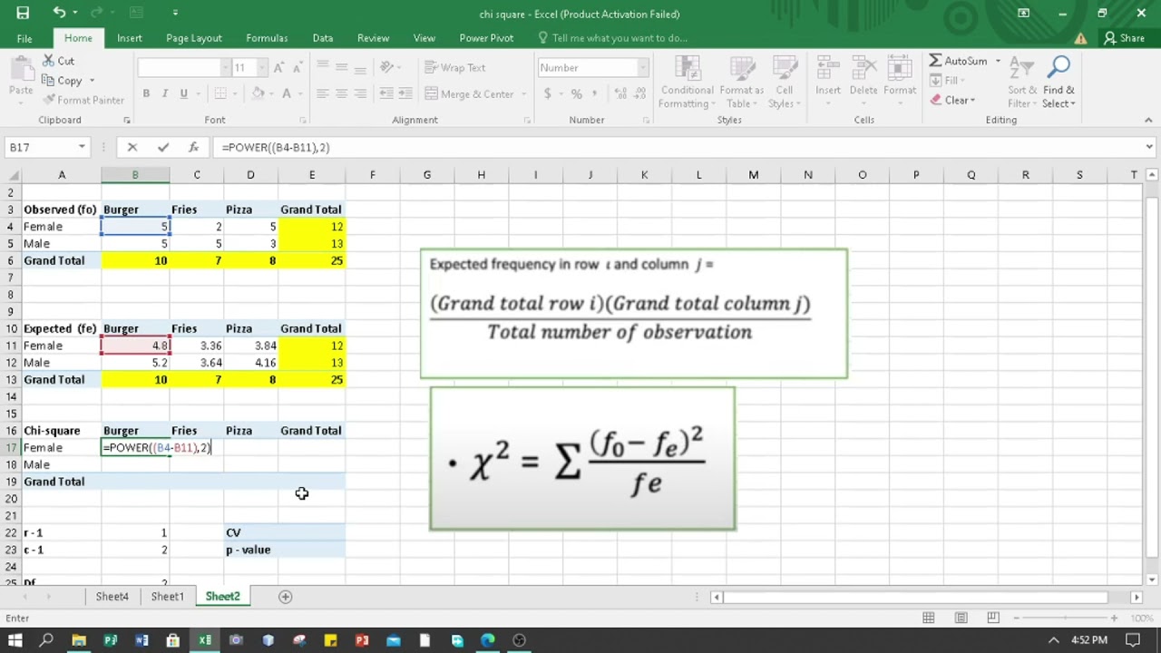 Chi Squared Test In Excel Youtube
