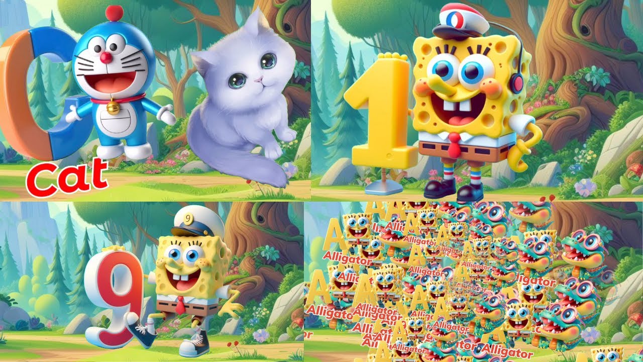 Alphabet phonic song, SpongeBob, Doremon, 1 2 3 Numbers Counting, ABCD ...