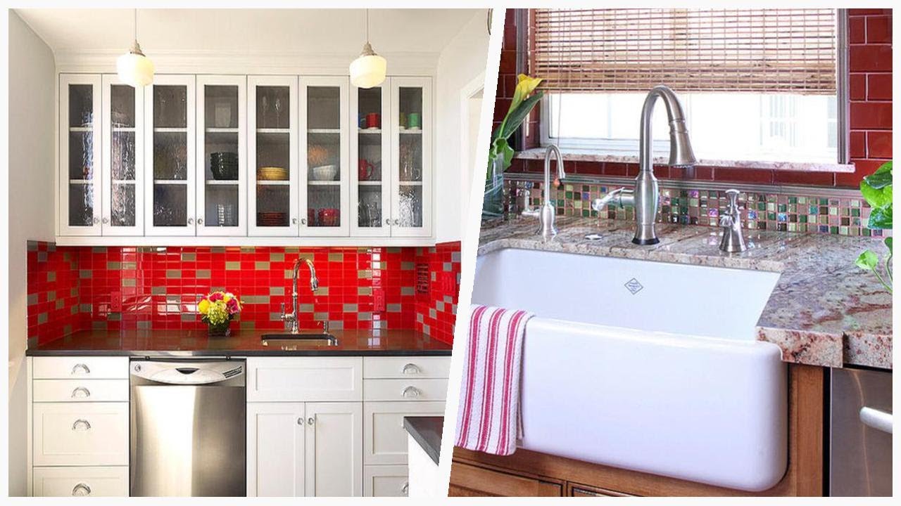 75 Beautiful Kitchen With Red Backsplash And Glass Tile Backsplash ...