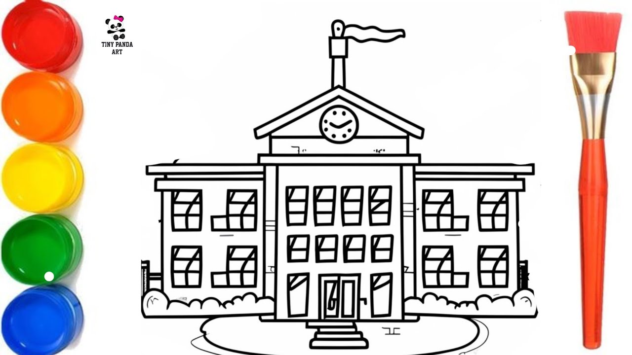 How to Draw school building drawing, Painting and Coloring for Kids ...