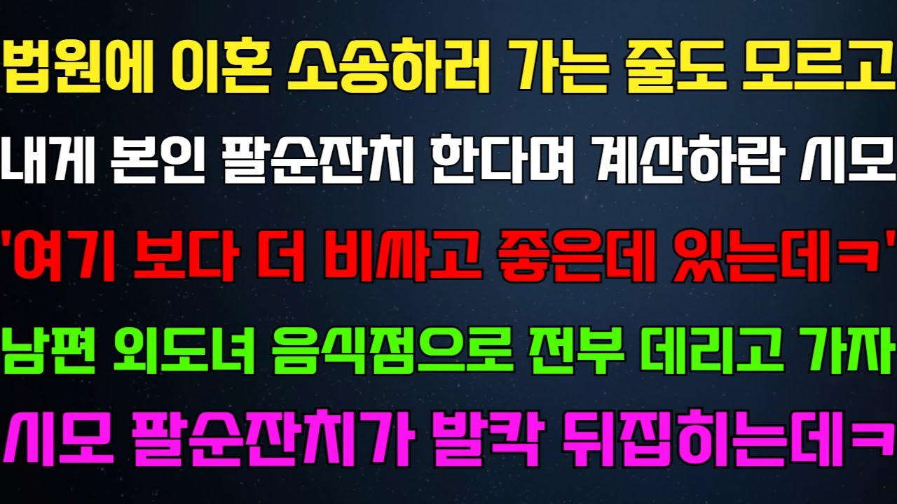 반전 신청사연 이혼 소송하러 가는 줄도 모르고 내게 본인 팔순잔치 한다며 계산하란 시모 남편 외도녀 음식점으로 전부 데리고 가자 시모 팔순잔치가 발칵 뒤집히는데ㅋ사연