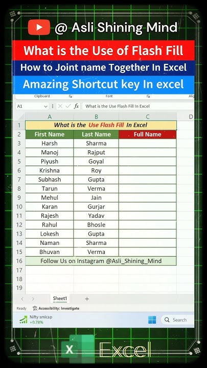 How to use FLASH FILL in Excel💥🤯👨‍💻 Joint Text Together in just 3 Second #shorts #excel # ...