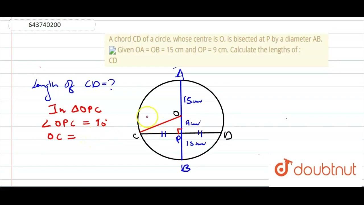 A chord CD of a circle, whose centre is O, is bisected at P by a diameter AB. Given OA = OB = 15 ...