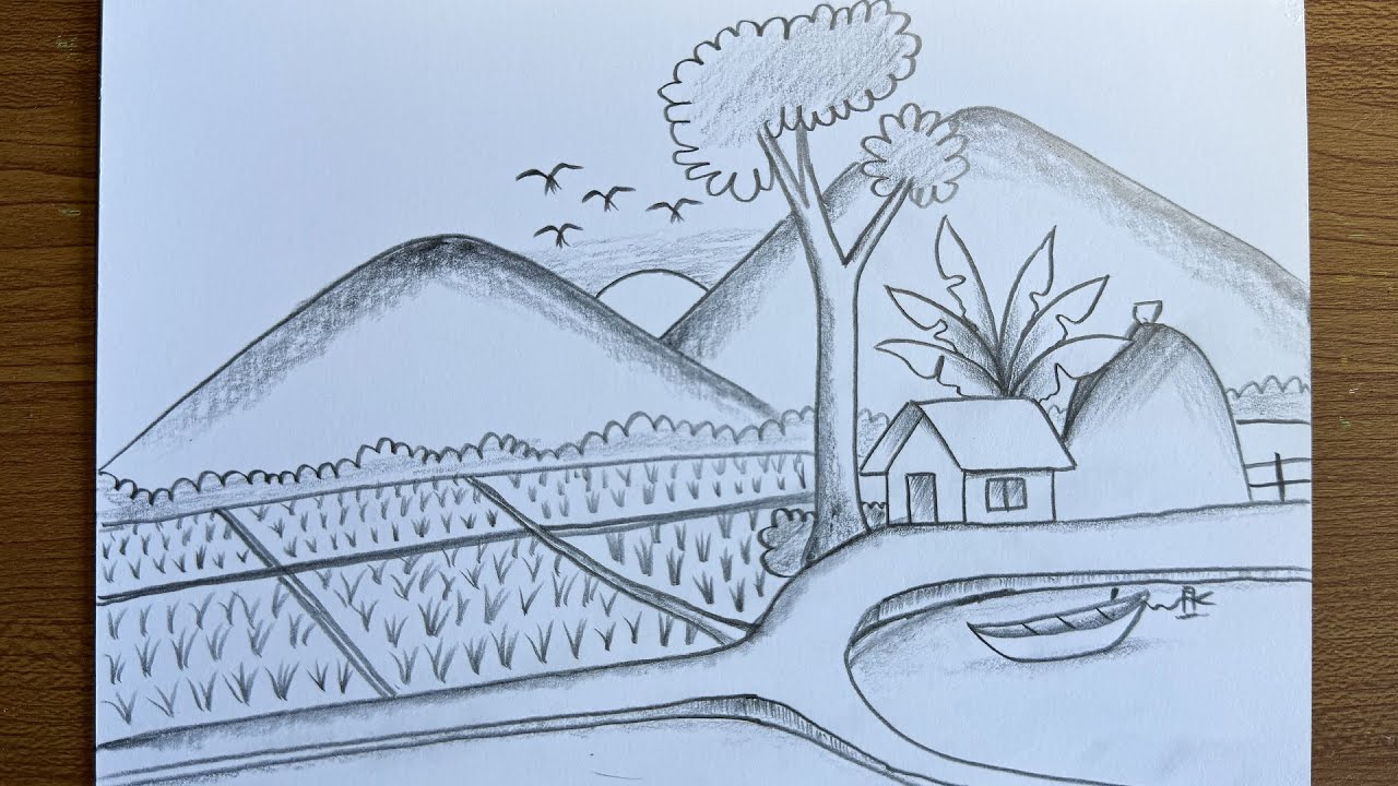 How to draw Rural scenery with Mountain | Easy Drawing - YouTube