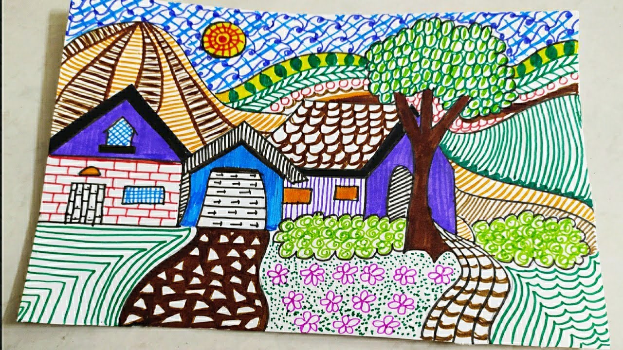 Beautiful pattern drawing with sketch pen | Pattern drawing scenery ...